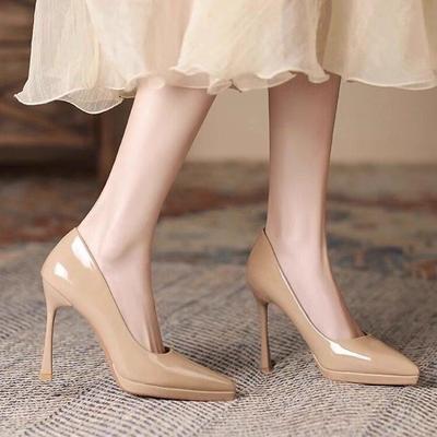 新款强推！尖头气质风不累脚高跟鞋女百搭防水台细跟性感漆皮单鞋