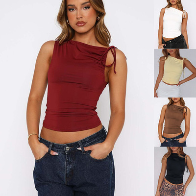 Women's Summer Slant Neck Drawstring Sleeve Top vest