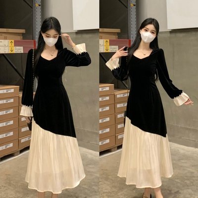 大码女装胖mm法式方领丝绒连衣裙2025秋冬新款拼接收腰遮肉裙子