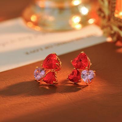 ks拼色甜美爱心造型S925银针耳钉