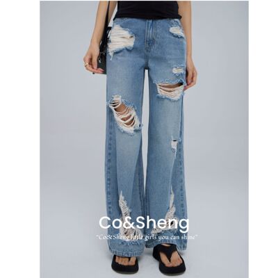 蓝本/重生150小个子夏季破洞牛仔裤女高腰显瘦休闲直筒酷帅百搭