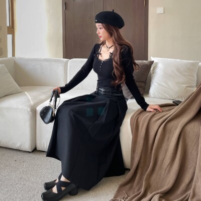 重生黑色长款垂感高腰半身长裙