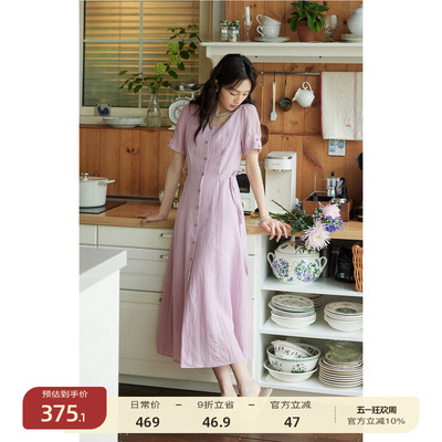 solighter法式苎麻系带连衣裙