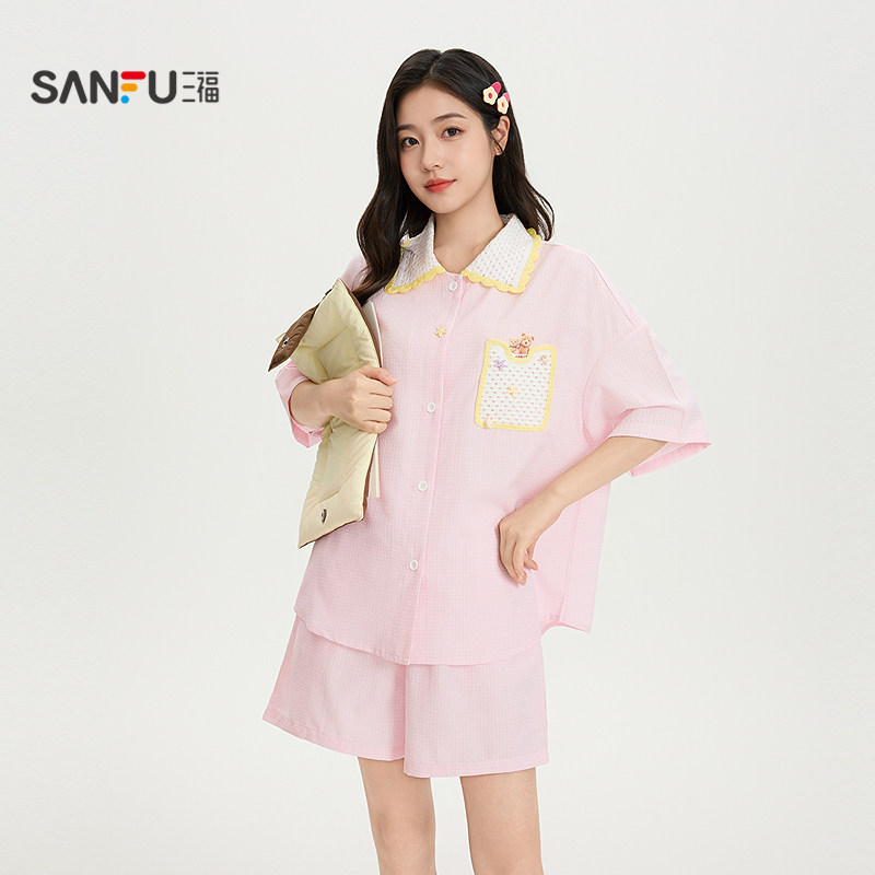 三福女夏季钩织翻领睡衣套装 趣味宽松短袖裤子家居服517999