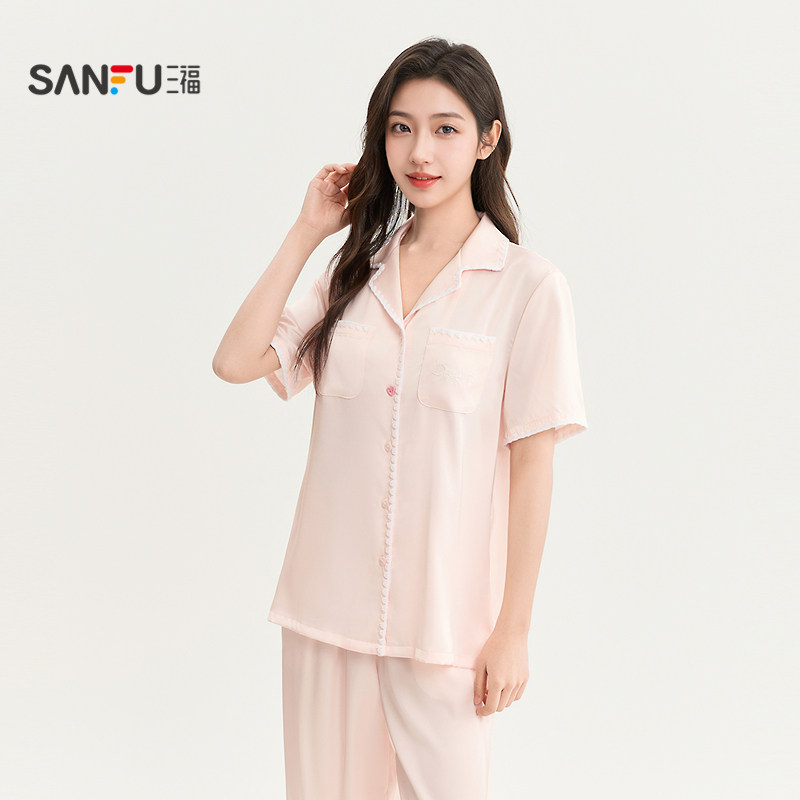 三福女秋季丝滑撞色狗牙边睡衣套装 简约舒适宽松家居服850310