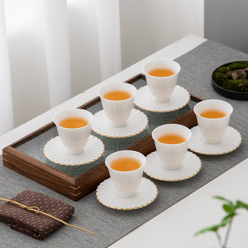 中国白陶瓷茶具茶杯茶托整套茶艺表演茶杯套羊脂玉品茗杯杯垫杯托