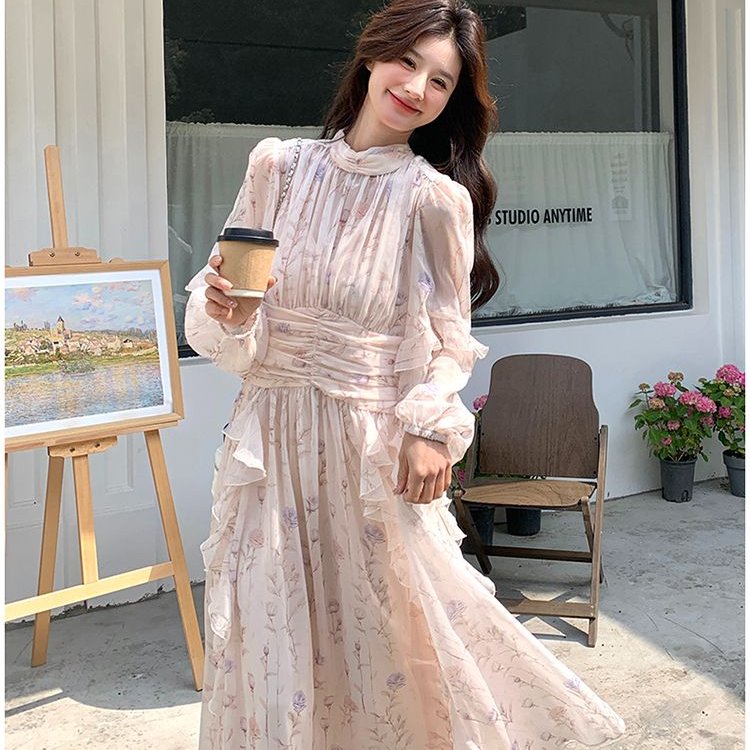 法式碎花裙雪纺长裙长袖裙子春秋高级穿搭连衣裙女2026新款温柔风