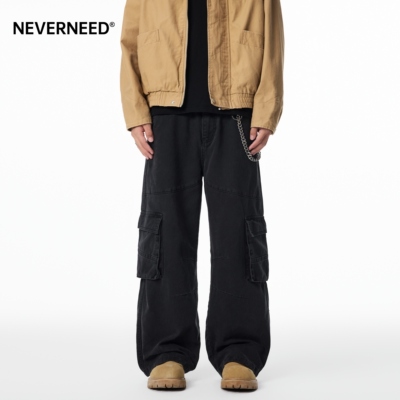 NEVERNEED水洗做旧直筒休闲裤男