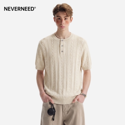 NEVERNEED亚麻针织短袖T恤男女夏