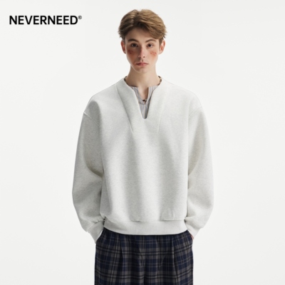NEVERNEED重磅假两件V领卫衣男