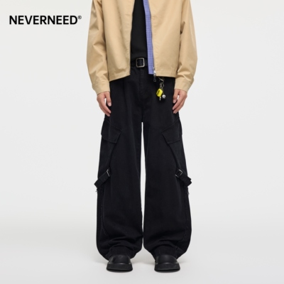 NEVERNEED毛须磨边绑带休闲裤