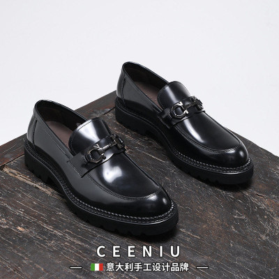 CEENIU意大利男亮皮马衔扣英伦真皮一脚蹬商务休闲皮鞋潮流夏季