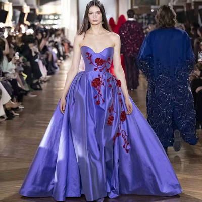 Georges Hobeika 抹胸缎面钉珠花朵霸气舞台装唱歌演出服晚礼服