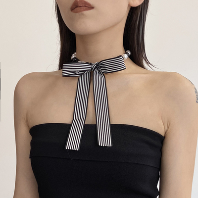 复古条纹蝴蝶结丝带黑白珍珠项链