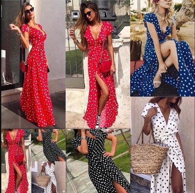 9497#2020ebay欧美女装外贸爆款夏季短袖V领低胸印花波点连衣裙