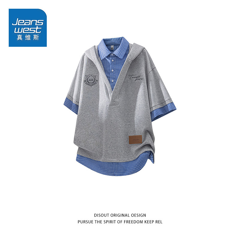 真维斯美式假两件格子拼接短袖T恤女夏季宽松休闲显瘦学院风上衣