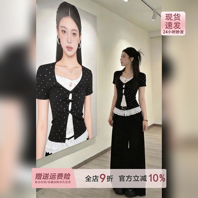 甜辣妹黑色波点假两件蕾丝拼接短袖t恤女夏季修身巨好看正肩上衣