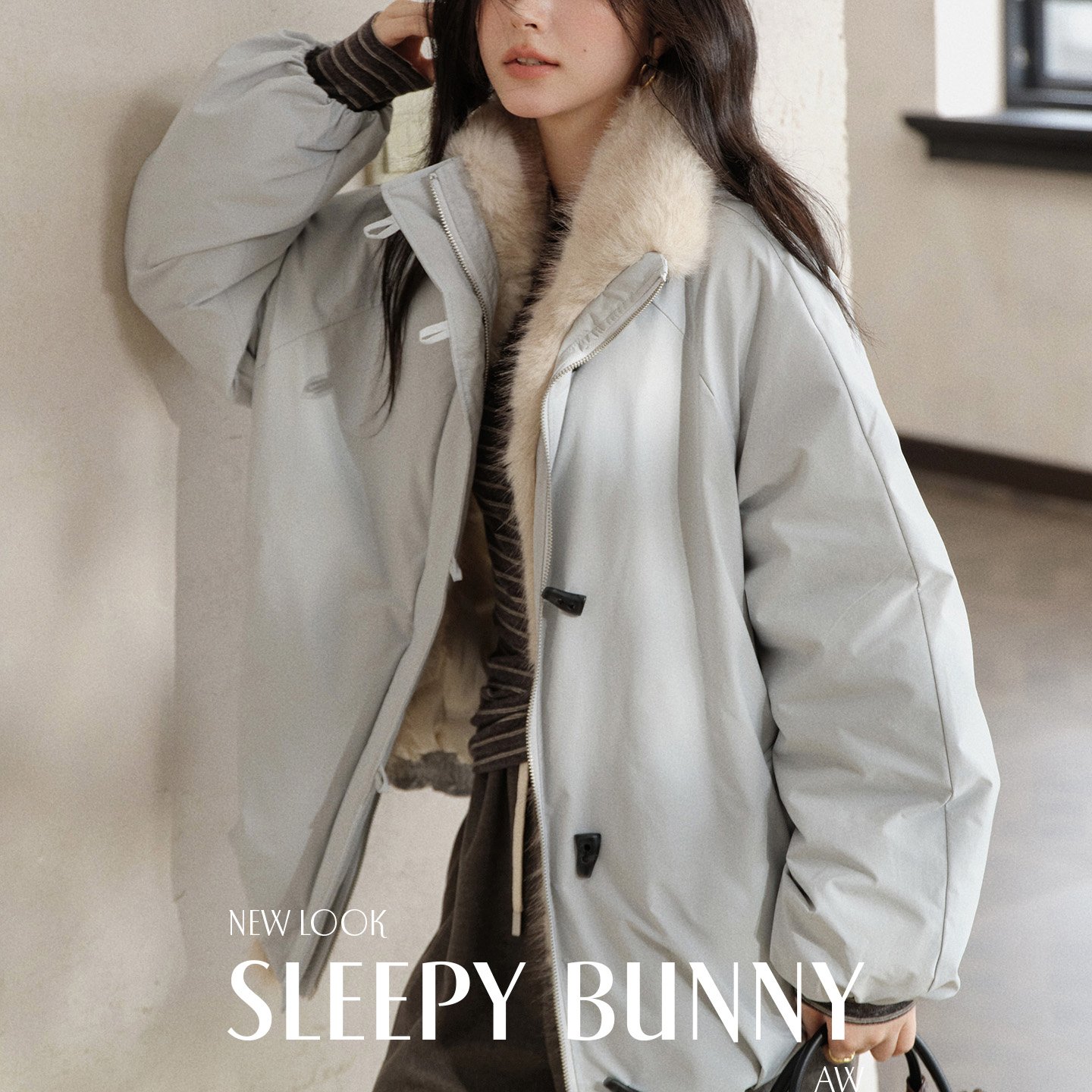 SLEEPY BUNNY蓝色90鸭绒短款羽绒服女冬季加厚保暖毛领派克服外套