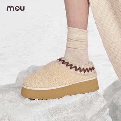 mou2025冬季新款民族风皮革缝线设计厚底羊毛拖毛拖鞋 可外穿