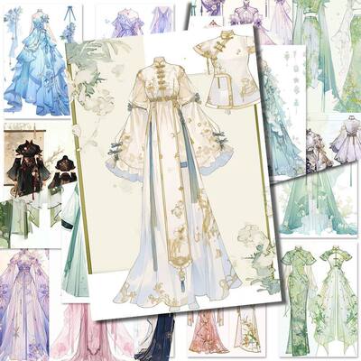 IO8张元素穿搭新礼服中式贴纸手账素材自粘贴diy装饰手机壳贴画