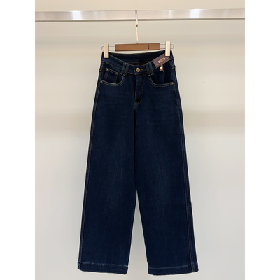 女款加绒加厚高腰阔腿直筒牛仔裤—蓝色—8812