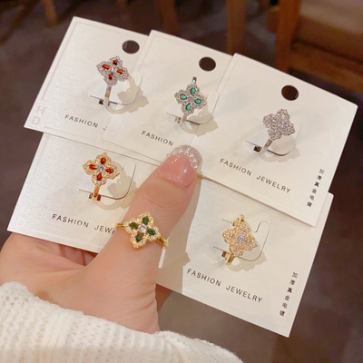 小众精致时尚感微镶锆石四叶花戒