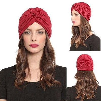 Women Stretchy Hat Turban Bandana Hijab Pleated Indian Cap