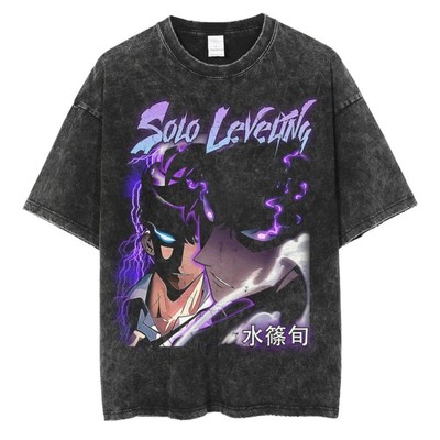 新款 Solo Leveling 独自升级动漫系列 水洗街头复古t恤 街潮短袖