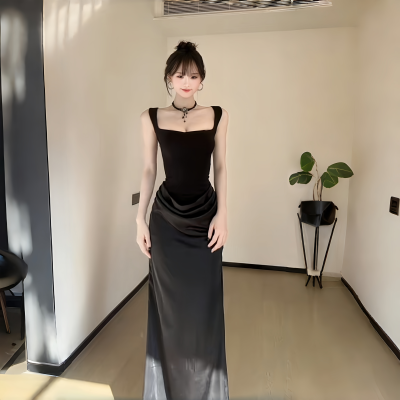 法式黑色吊带鱼骨方领修身长裙