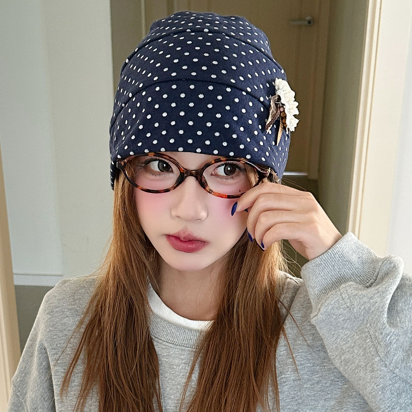 韩版简约波点帽子女款秋季薄款慵懒风显脸小堆堆帽百搭包头帽冷帽