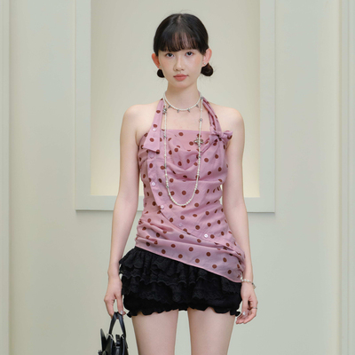 波点假两件挂脖吊带修身上衣