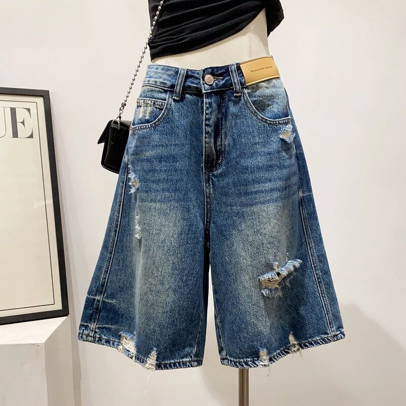 美式破洞牛仔短裤女夏天外穿爆款高腰宽松直筒阔腿五分裤潮流中裤
