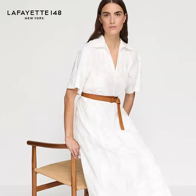 LAFAYETTE148/拉飞逸Polo领皮质系带提花连衣裙