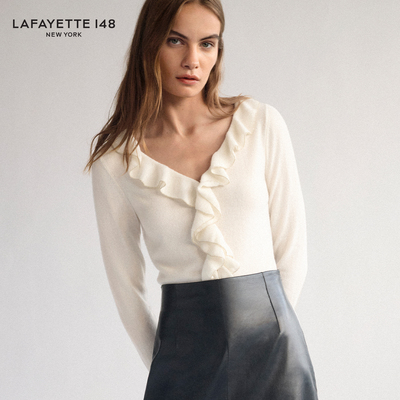 【26早春新款】LAFAYETTE148/拉飞逸荷叶边饰前襟大V领针织衫