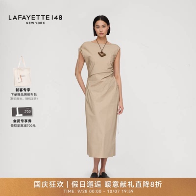 LAFAYETTE148/拉飞逸棉府绸抽带褶饰A字连衣裙收腰无袖通勤