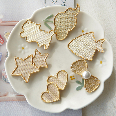 宋锦蓝染刺绣新中式底托包布螺钿点翠底胚五星双心猫咪鱼发夹边夹