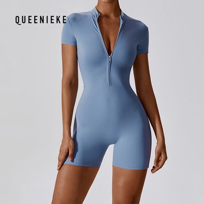 欧美夏运动连体衣跑步拉链短袖瑜伽连体服女舞蹈健身紧身运动短裤