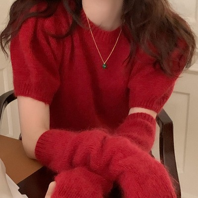 红色新年泡泡袖短袖毛衣女