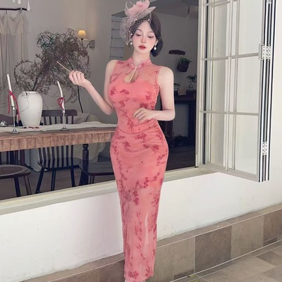 夏季新中式粉色碎花旗袍连衣裙