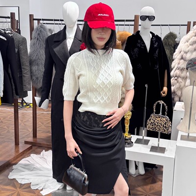 现货 MARKGONG 25AW新款 铰花短袖针织上衣 蕾丝拼接半裙