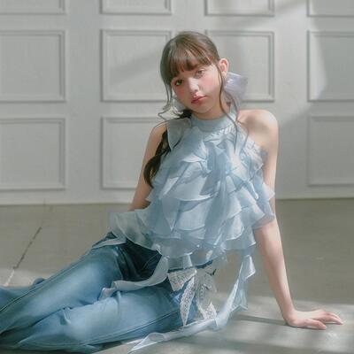 GUO JINGYI 25SS 浅蓝斜波浪上衣蕾丝绑带阔腿垂感牛仔裤