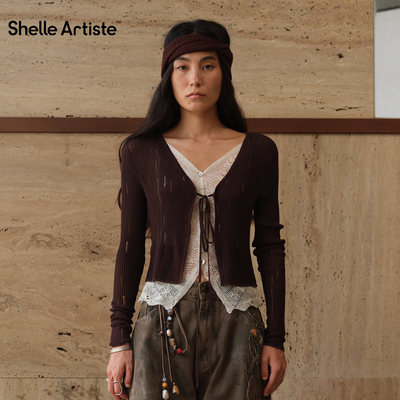 ShelleArtiste 26春季新款修身艺术感简约钩花假两件套长袖开衫