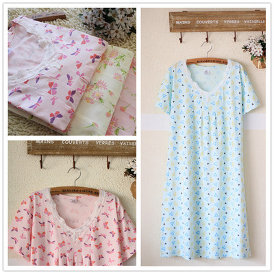 蕾丝短袖加肥大码全棉女士睡裙