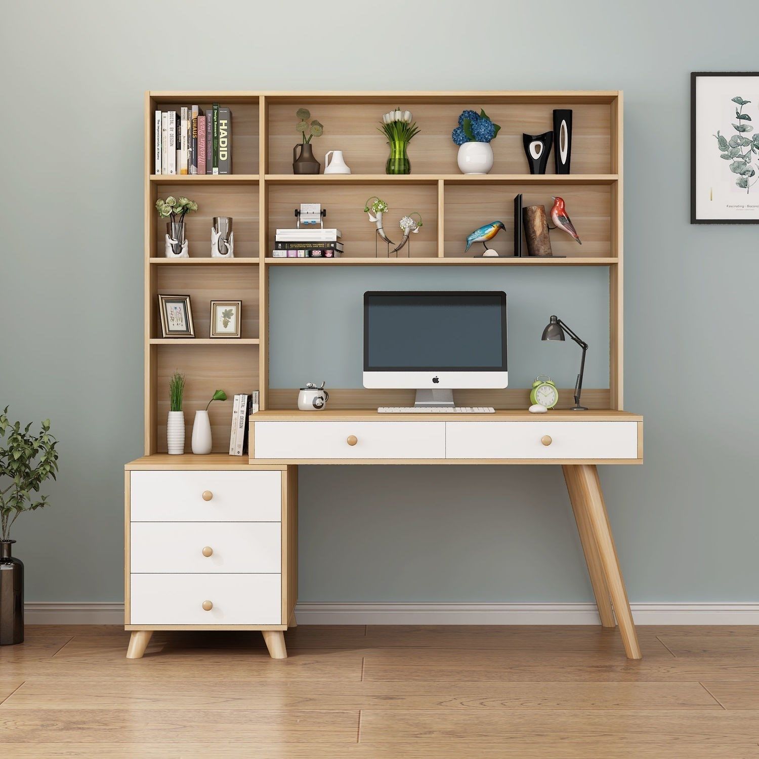 学生家用卧室台式电脑桌书架一体学习写字桌小户型简约柜组合书桌_虎窝淘