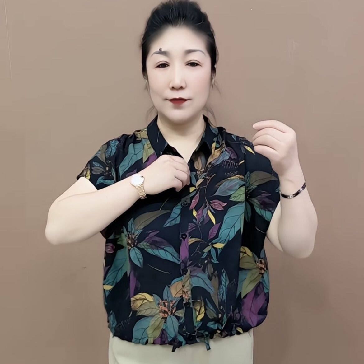黑底彩叶印花方领短袖单排扣下摆抽绳宽松显瘦通勤百搭妈妈装衬衫