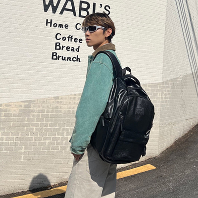 NIN小众设计款ins双肩包背包男女大容量学生原宿背包暗黑系皮质潮