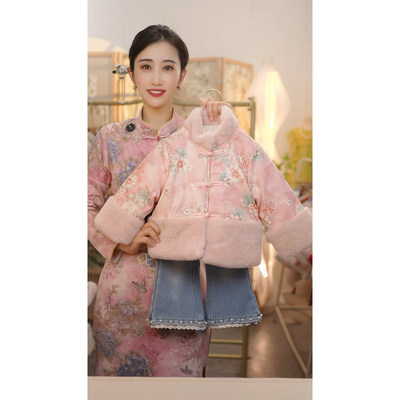 现货【桃花诺】SC698女童冬季新中式加绒加厚棉衣牛仔裤国风套装