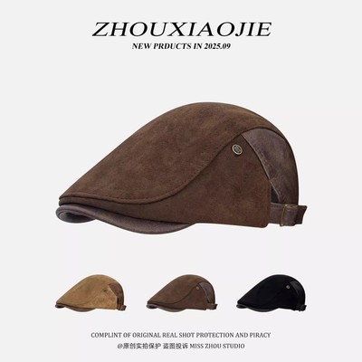 美式复古老钱风秋季皮革麂皮绒前进帽气质文艺反戴百搭鸭舌帽子女