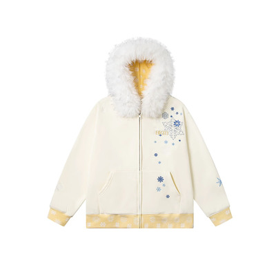 TXFU美式雪花手绣碎花内领拼接开衫连帽卫衣女秋冬新款拉链外套