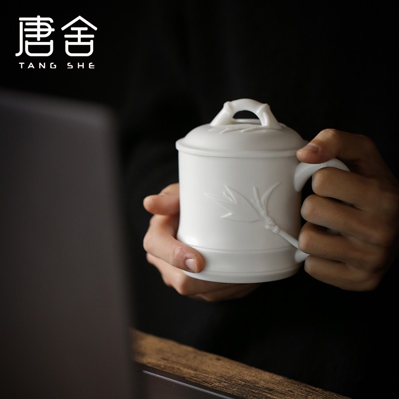 唐舍羊脂玉白瓷手工泡茶杯陶瓷办公室家用带盖喝水杯老板茶具杯子